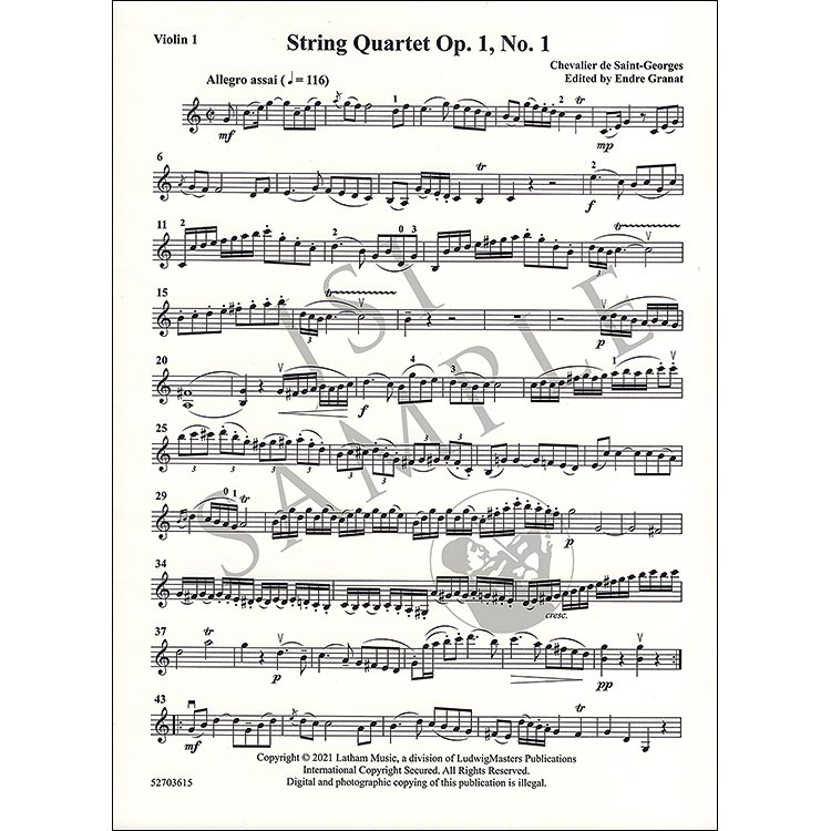 Six String Quartets, Op.1, Vol. 1 (Nos. 1-3), parts and score; Joseph Bologne, Chevalier de ...